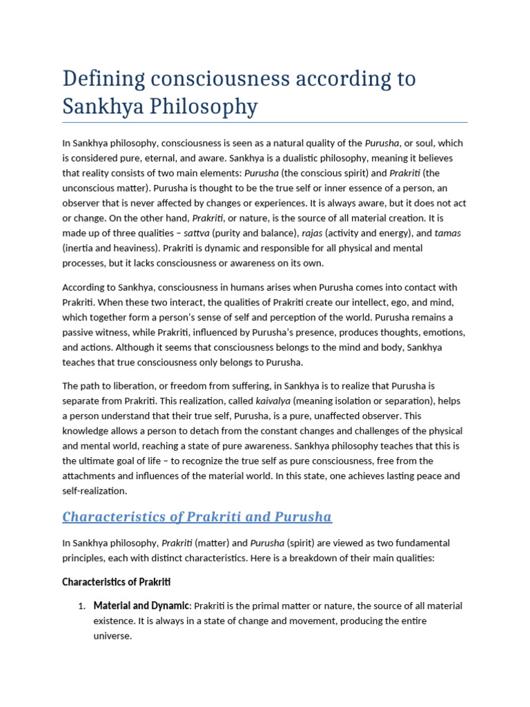 Defining Consciousness According To Sankhya Philosophy: Characteristics of Prakriti and Purusha ...