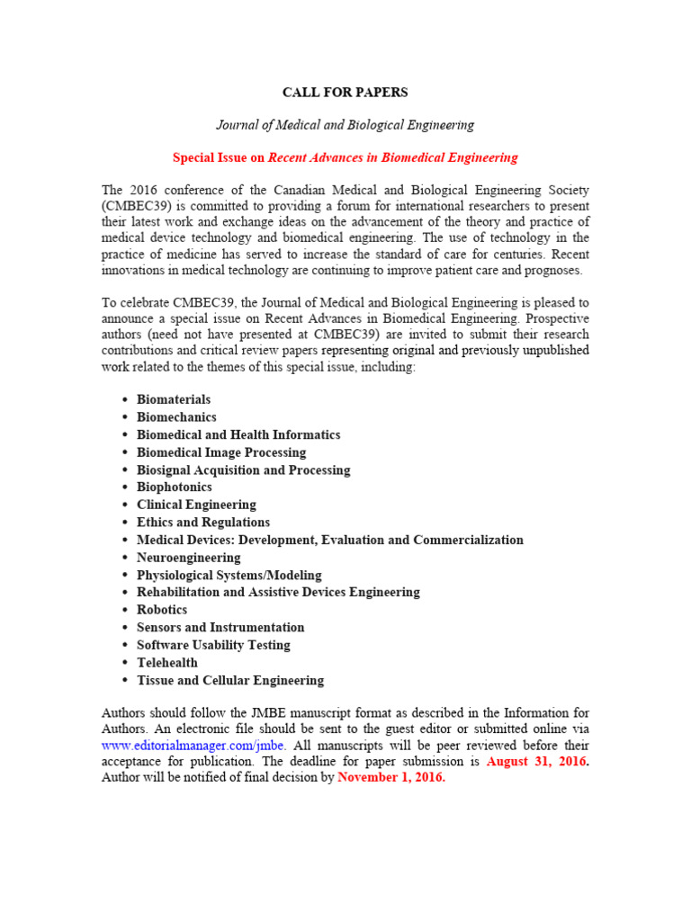 Call for Papers: Biomedical Advances | PDF | Biomedical Engineering ...