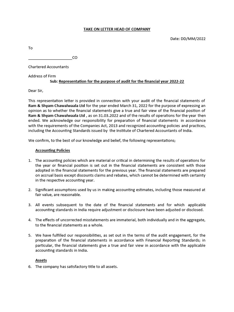 Sample Management Representation Letter Format Final | PDF | Financial ...