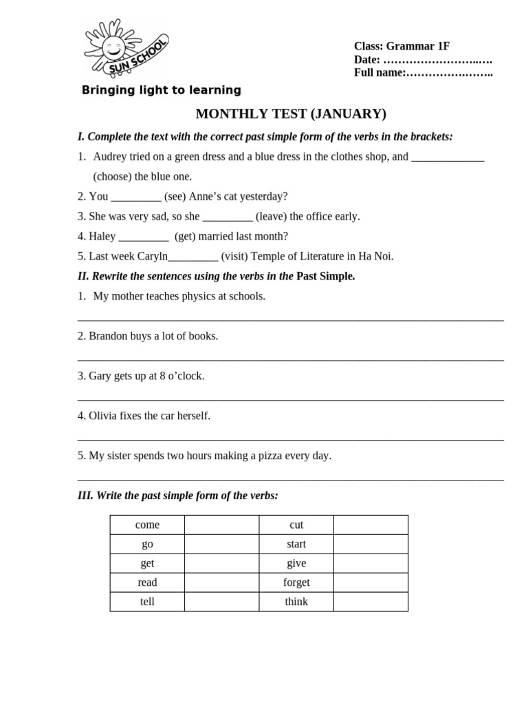 Monthly Test January Grammar 1F | PDF
