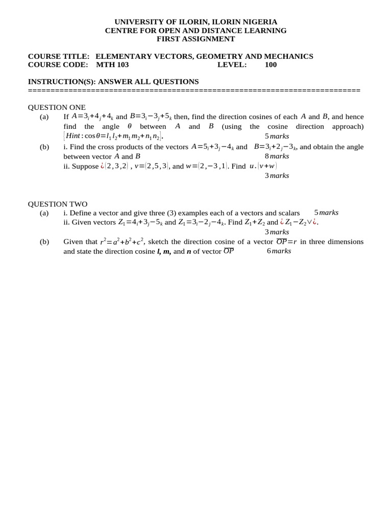 MTH 103: Vectors and Geometry Assignment | PDF