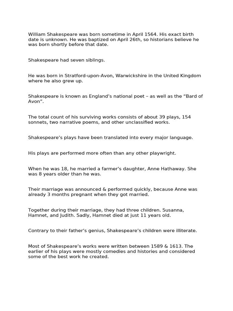 Lesson 1 - Shakespeare Facts | PDF | William Shakespeare