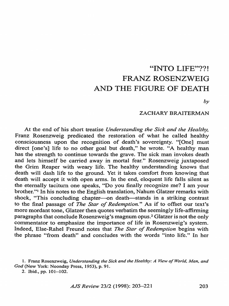"Into Life"!? Franz Rozenzweig and The Figure of Death - Zachary ...