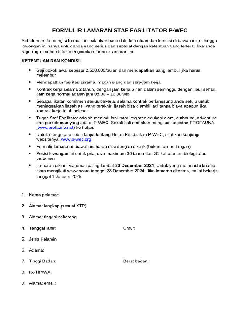 Lowongan Staf Fasilitator P-WEC | PDF