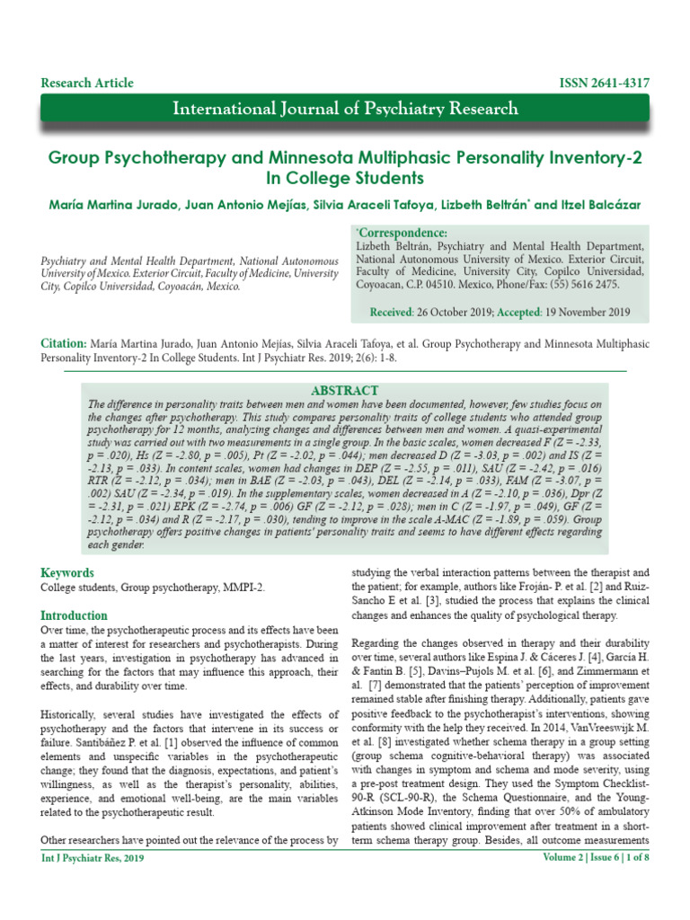 Group Psychotherapy and Minnesota Multiphasic Personality Inventory2 in ...