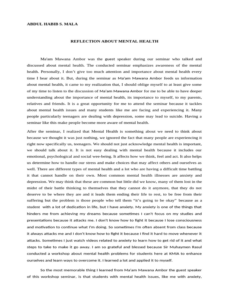 REFLECTION | PDF | Mental Health | Mental Disorder