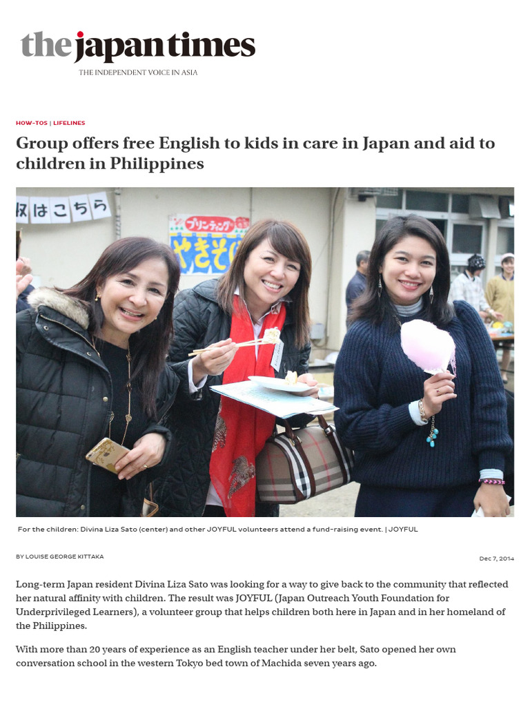 Group Offers Free English To Kids in Care in Japan and Aid To Children ...