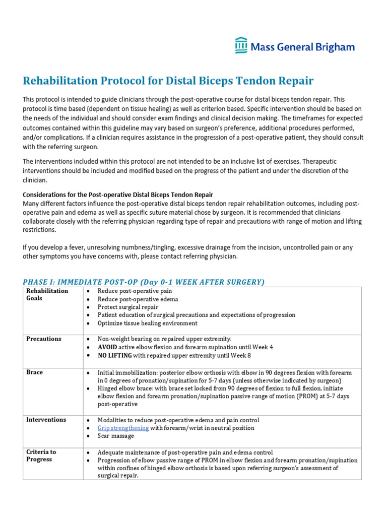 Distal Biceps Tendon Repair Rehab Guide | PDF | Anatomical Terms Of ...
