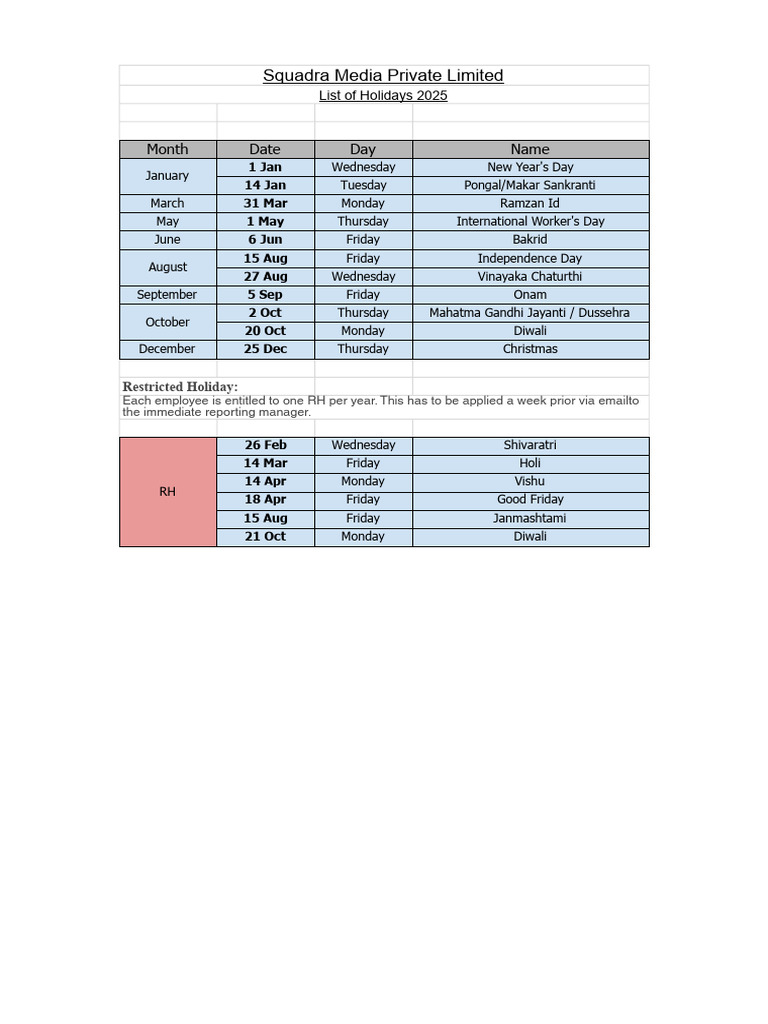 Squadra Media Holiday Calendar 2025 | PDF