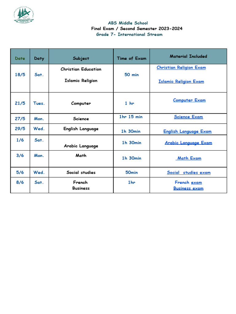 Grade 7 Final Exam Schedule 2024 | PDF