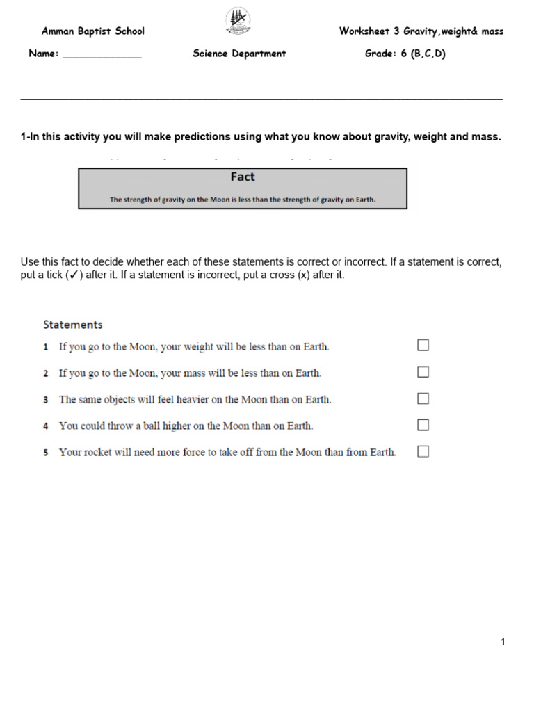 Worksheet 3 - Gravity, Weight and Mass | PDF