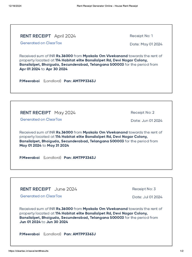Rent Receipt Generator Online - House Rent Receipt 2 | PDF