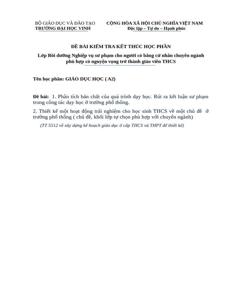 Đề Bài Tiểu Luận A2 - Giáo Dục Học - THCS | PDF