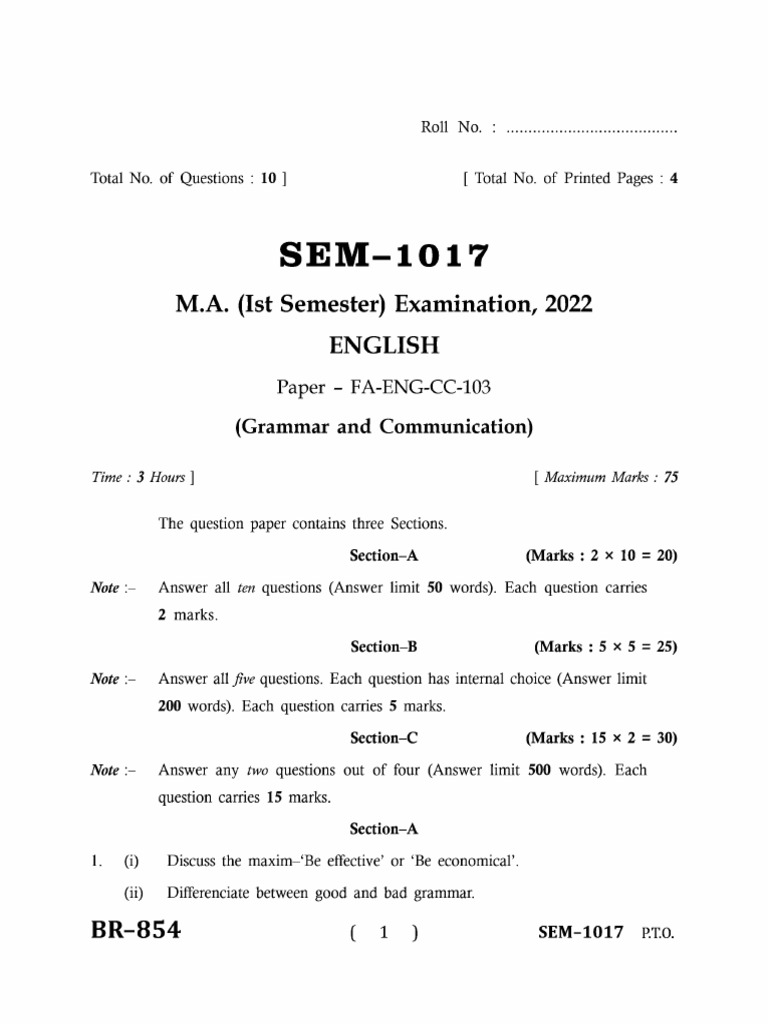Ma 1 Sem English Grammar and Communication Sem 1017 2022 | PDF