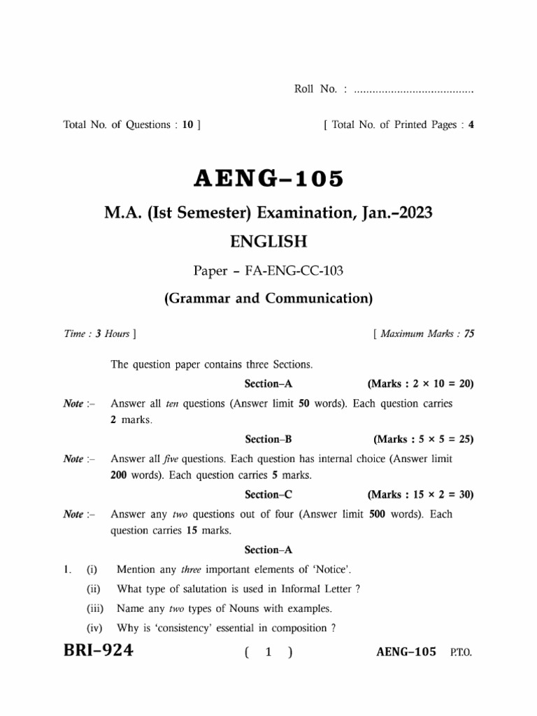 Ma 1 Sem English Grammar and Communication Aeng 105 2023 | PDF