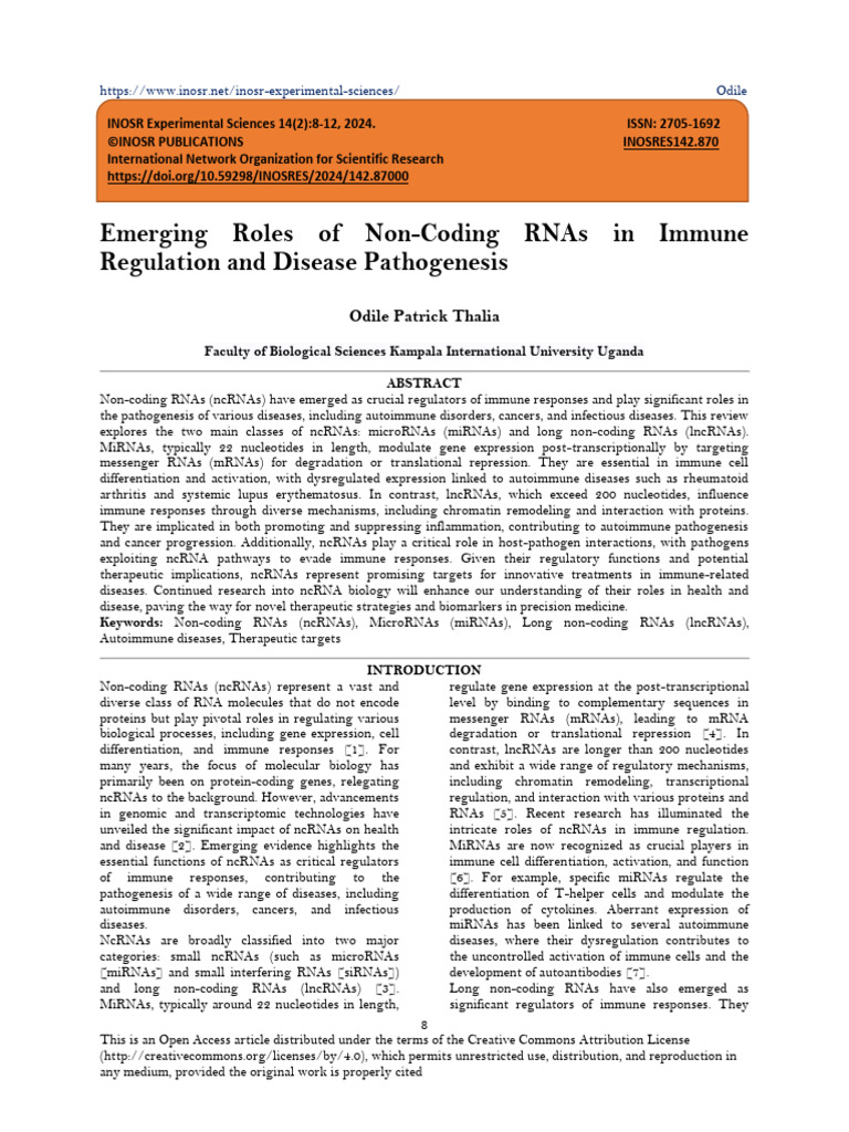 Emerging Roles of Non-Coding RNAs in Immune Regulation and Disease ... Emerging Roles of Non-Coding RNAs in Immune Regulation and Disease ...