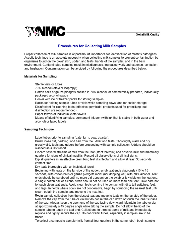 Aseptic Milk Sampling for Mastitis | PDF