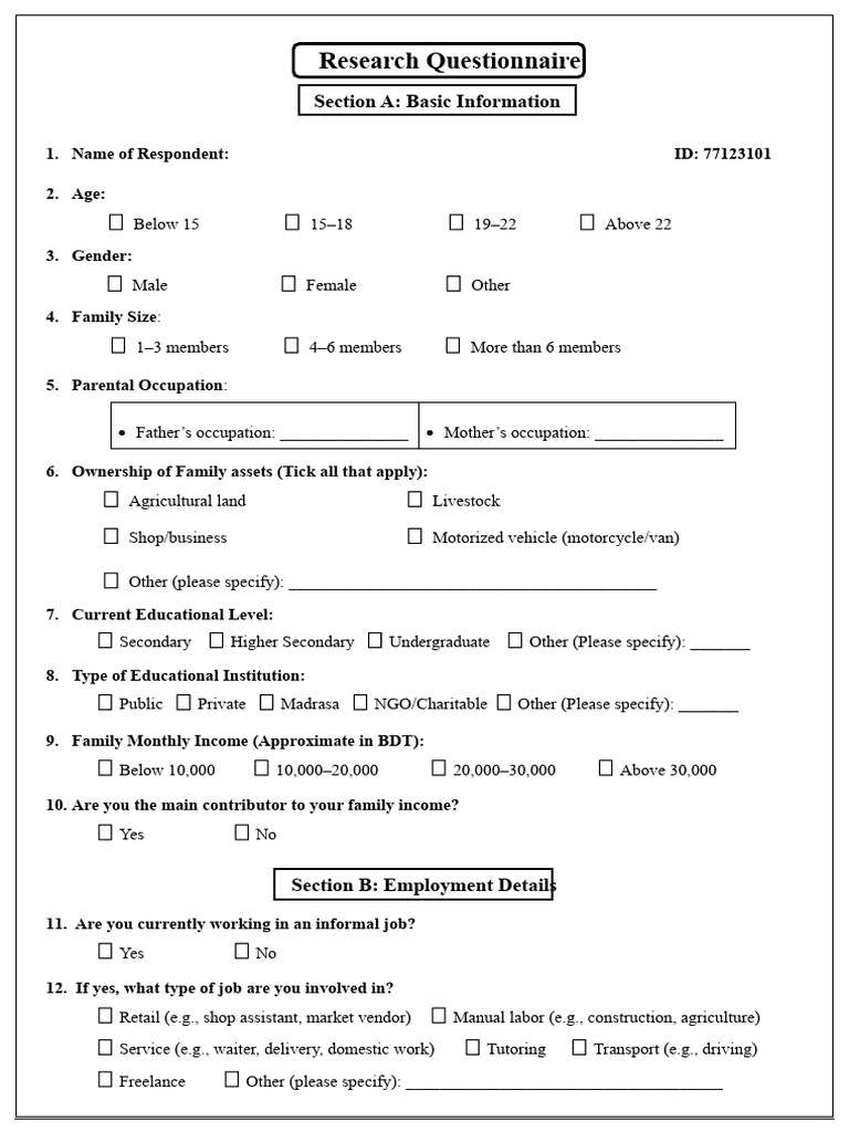 Research Questionnaire on Work and Education | PDF | Student Financial ...
