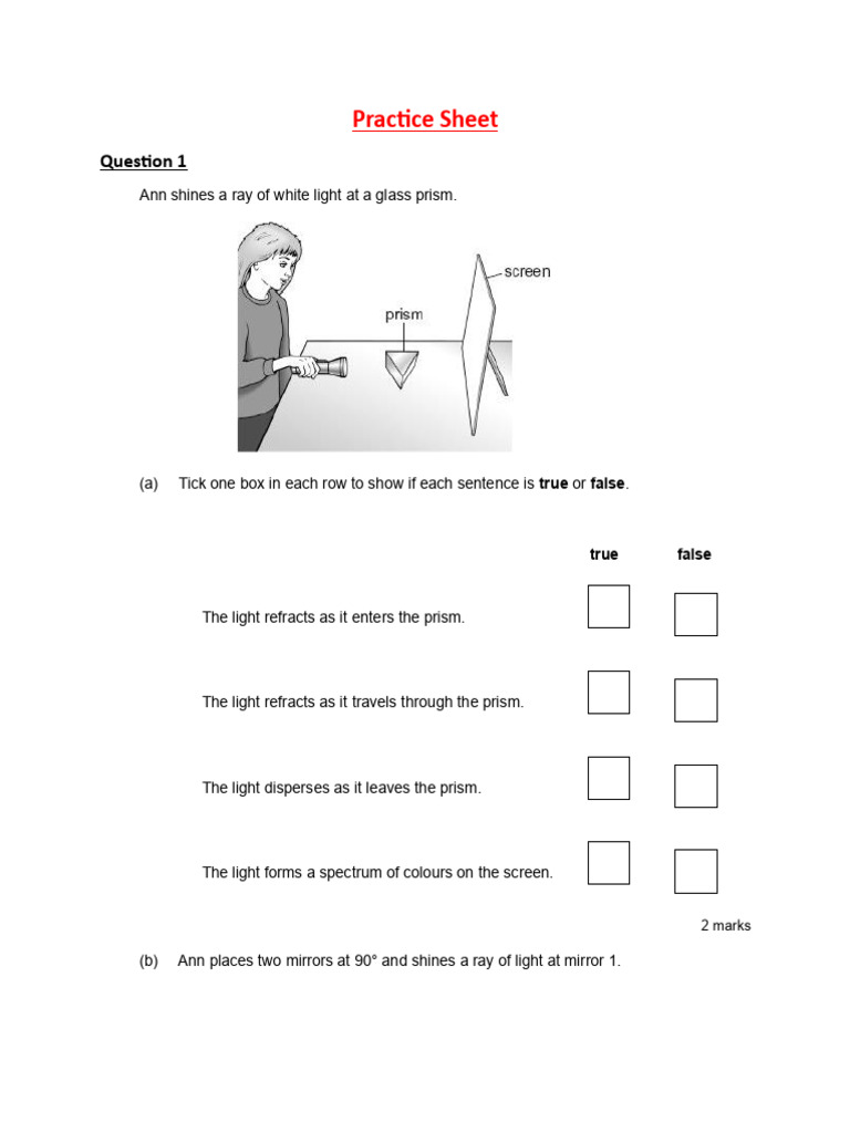 Science Practice Sheet (Light and Sound) | PDF | Mirror | Light