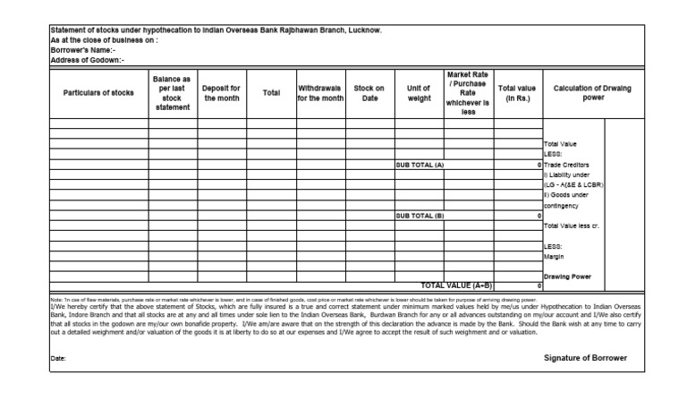 Stock Statement for Loan Hypothecation | PDF | Stocks | Banks