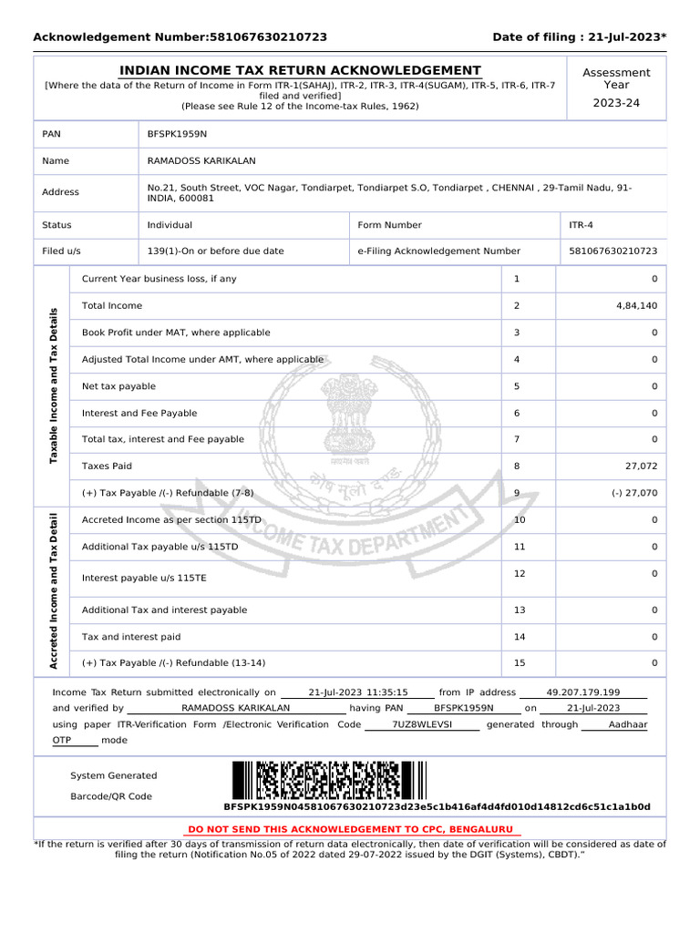 Income Tax Return Acknowledgement 2023 | PDF | Fixed Asset | Tax Refund