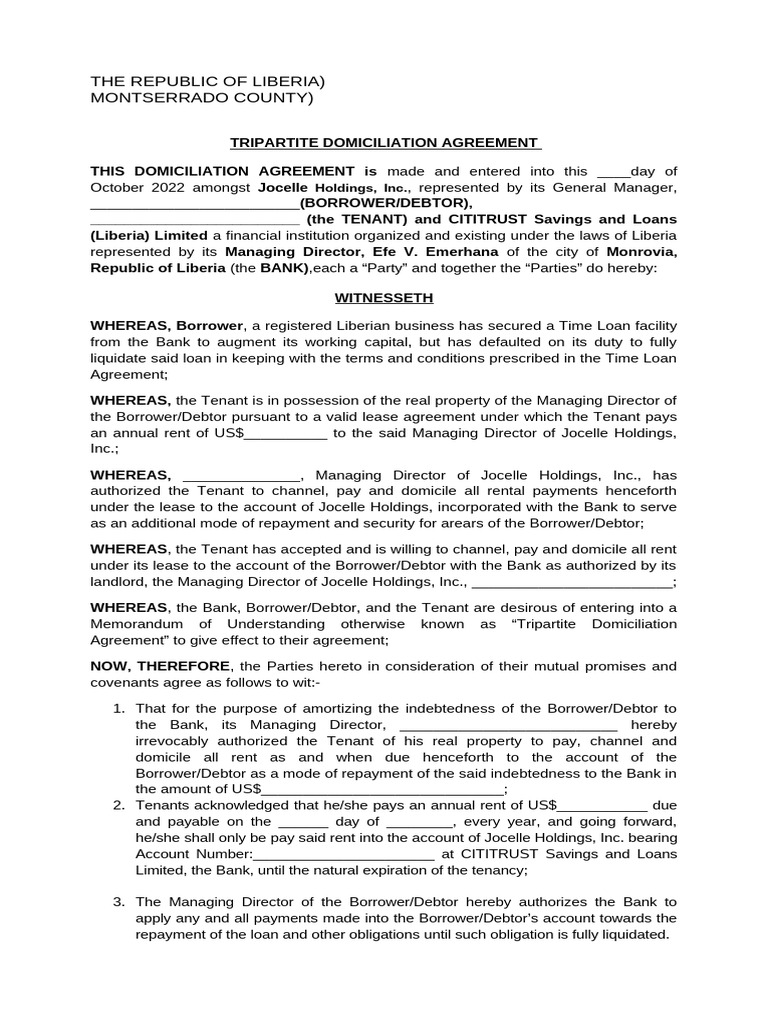 Tripartite Domiciliation Agreement-AA | PDF | Leasehold Estate | Debtor