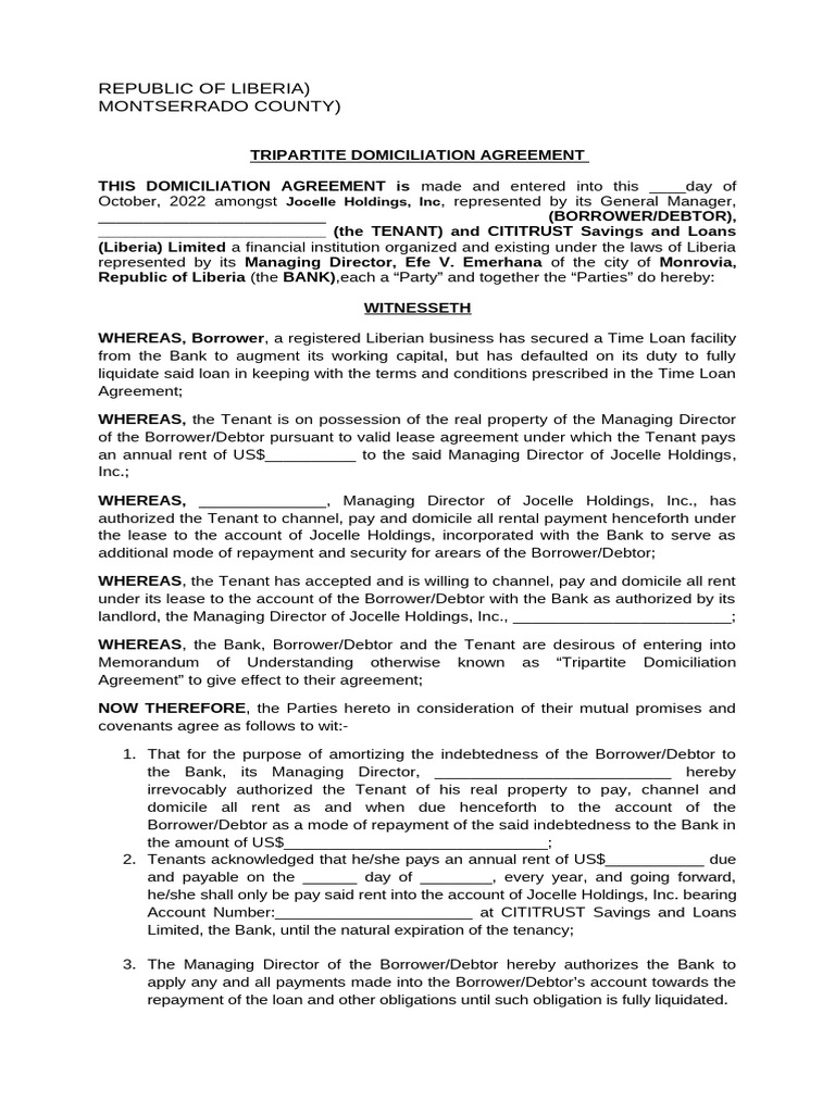 Tripartite Domiciliation Agreement | PDF | Leasehold Estate | Debtor