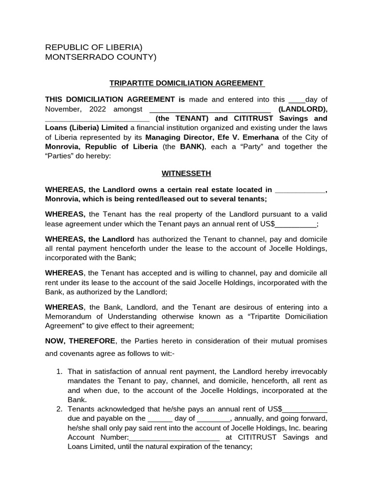 Tripartite Domiciliation Agreement | PDF | Leasehold Estate | Lease