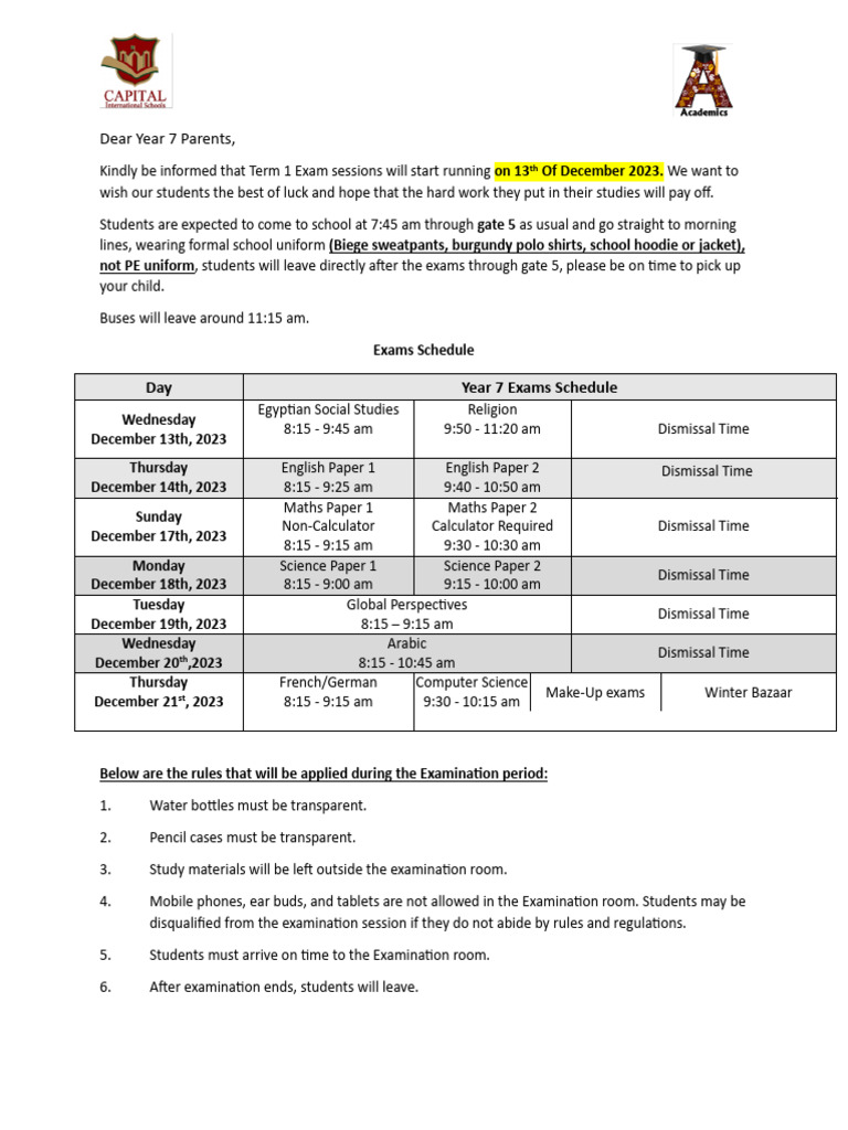 Updated Y7 T1 Exams TimeTable and Topics Covered | PDF | Part Of Speech | Multiplication