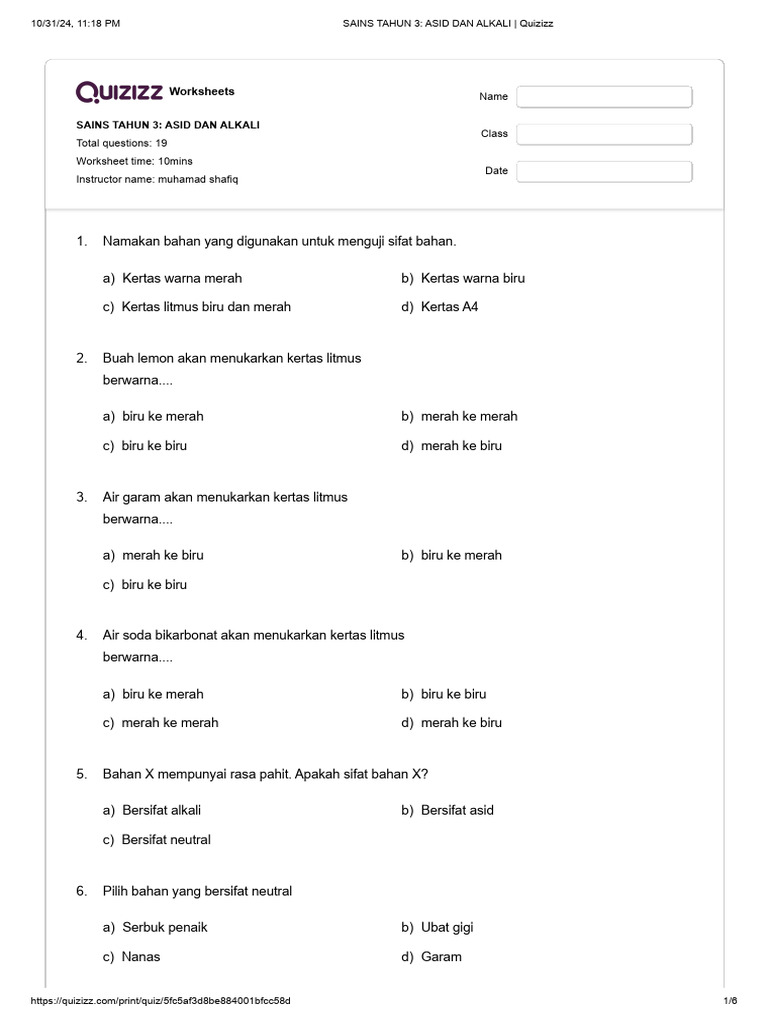 Sains Tahun 3 - Asid Dan Alkali - JWPN | PDF