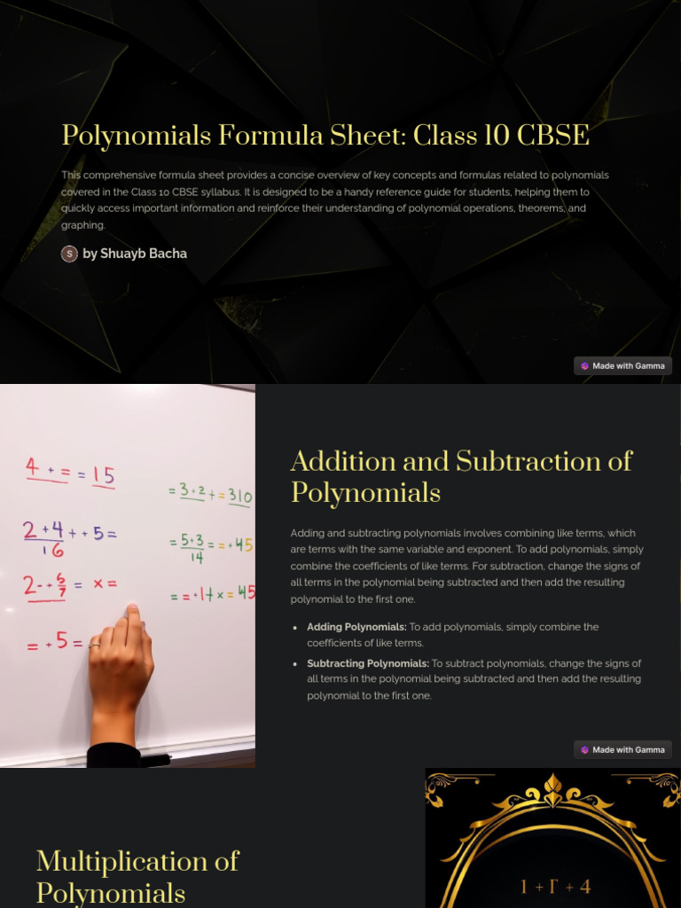 Polynomials Formula Sheet Class 10 CBSE | PDF