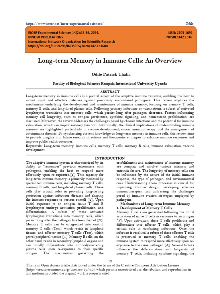 Long-term Memory in Immune Cells Explained | PDF | Immune System | T Cell
