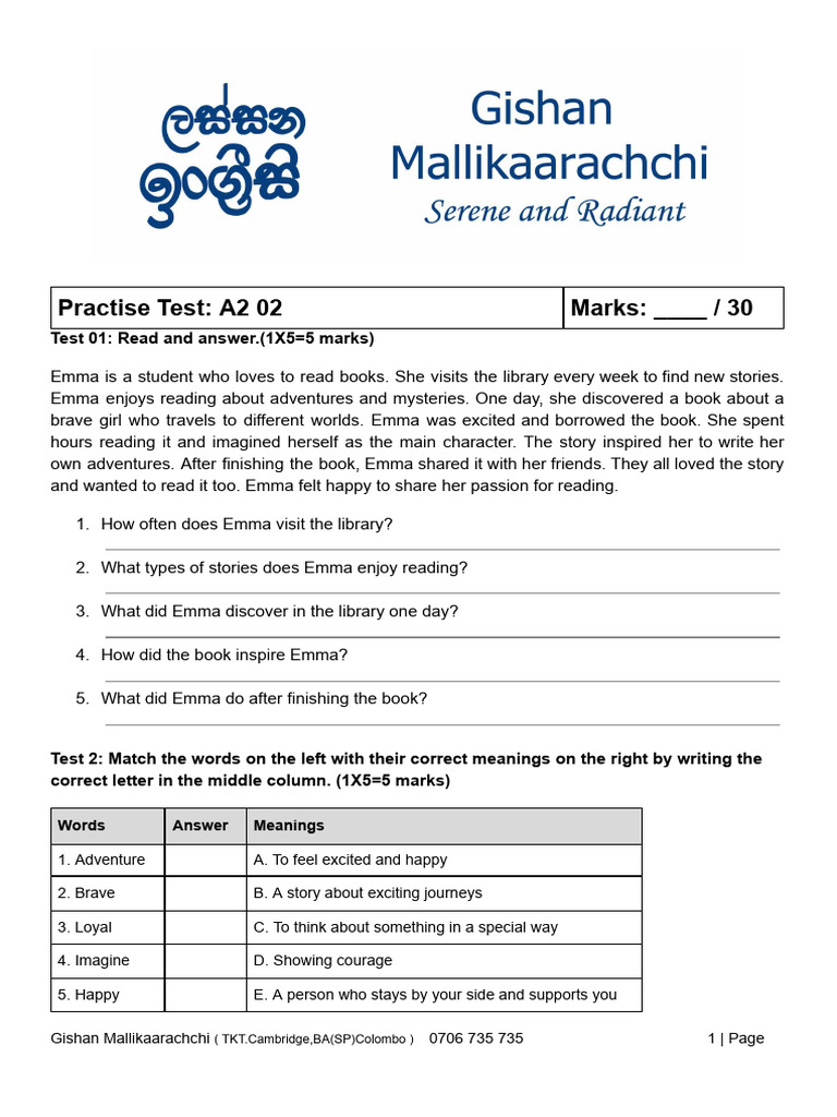 Worksheet _ A2_ Practice tests 01 | PDF