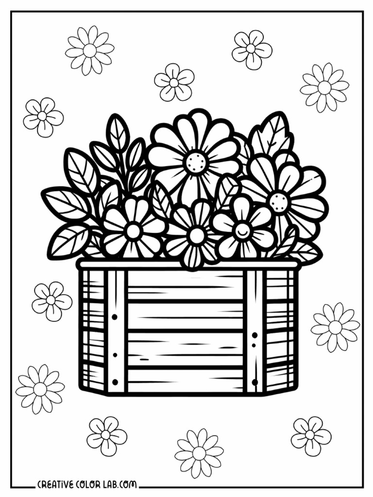 Flowers in Garden Box Coloring Page Kids | PDF