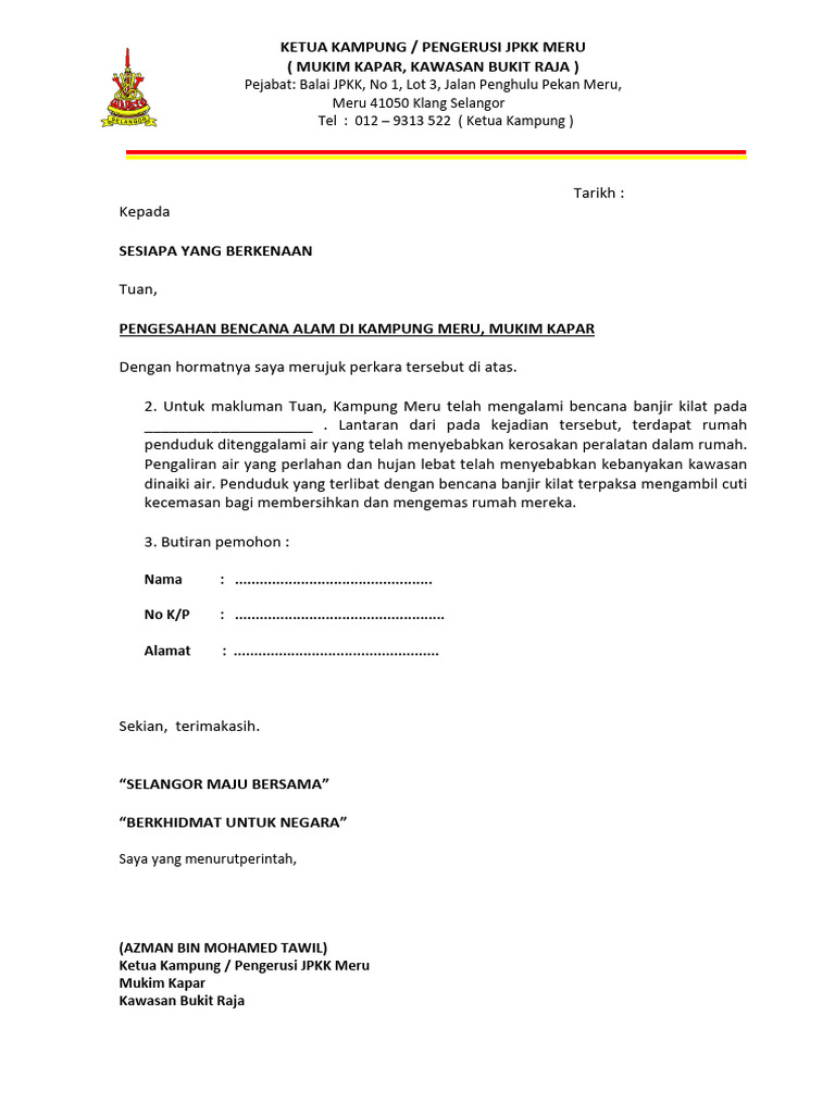 JPKK MERU Surat Pengesahan - Banjir | PDF