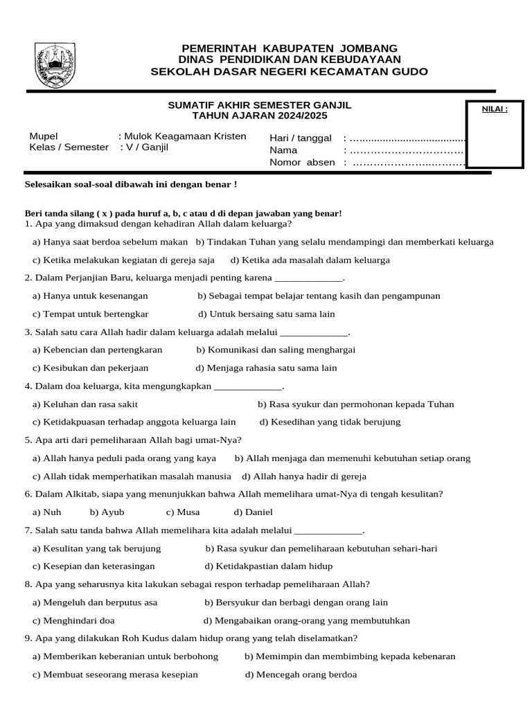 Sas Mulok Kristen Kelas 5 Sem 1 2024 | PDF