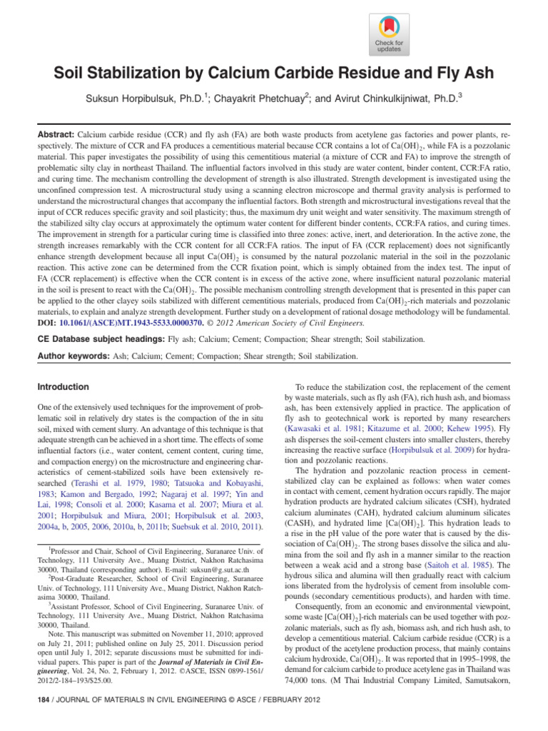 Soil Stabilization by Calcium Carbide Residue and Fly Ash | PDF | Cement | Soil