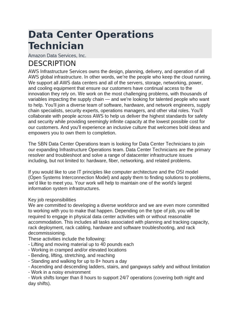 Amazon Data Center Technician Role | PDF | Data Center | Amazon Web ...