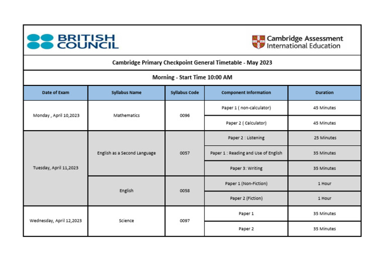 Cambridge Primary Checkpoint General Timetable - May 2023 | PDF