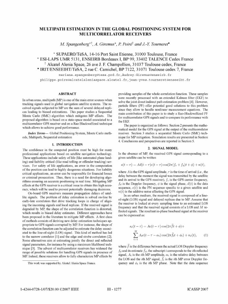 Multipath Estimation in the Global Positioning System for Multicorrelator Receivers | PDF ...