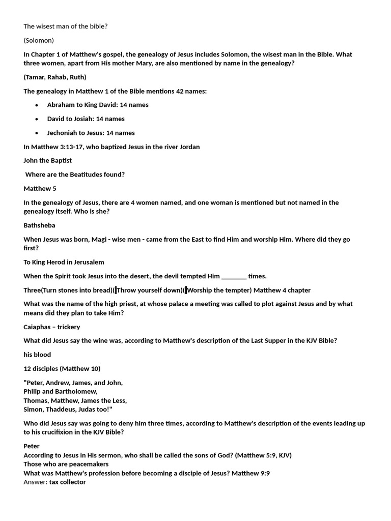 quiz questions | PDF | Jesus | Gospel Of Matthew