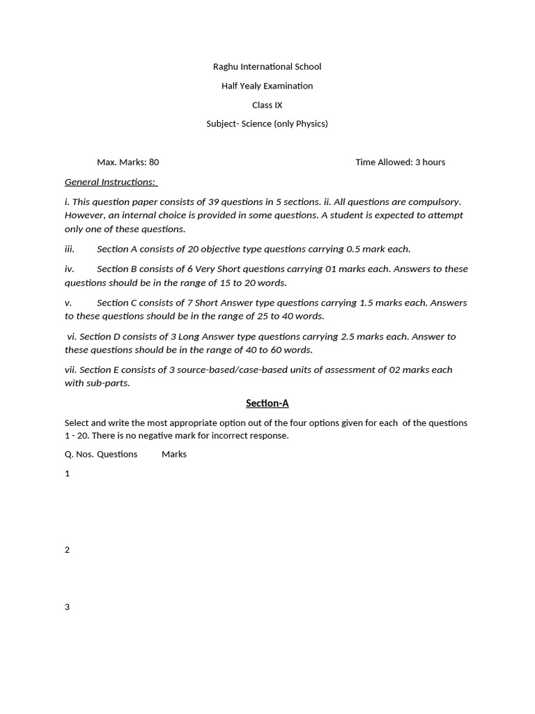 Class IX Physics Half-Yearly Exam | PDF | Force | Velocity