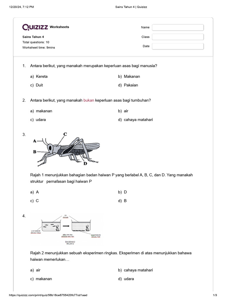 Sains Tahun 4 Quizizz Pdf