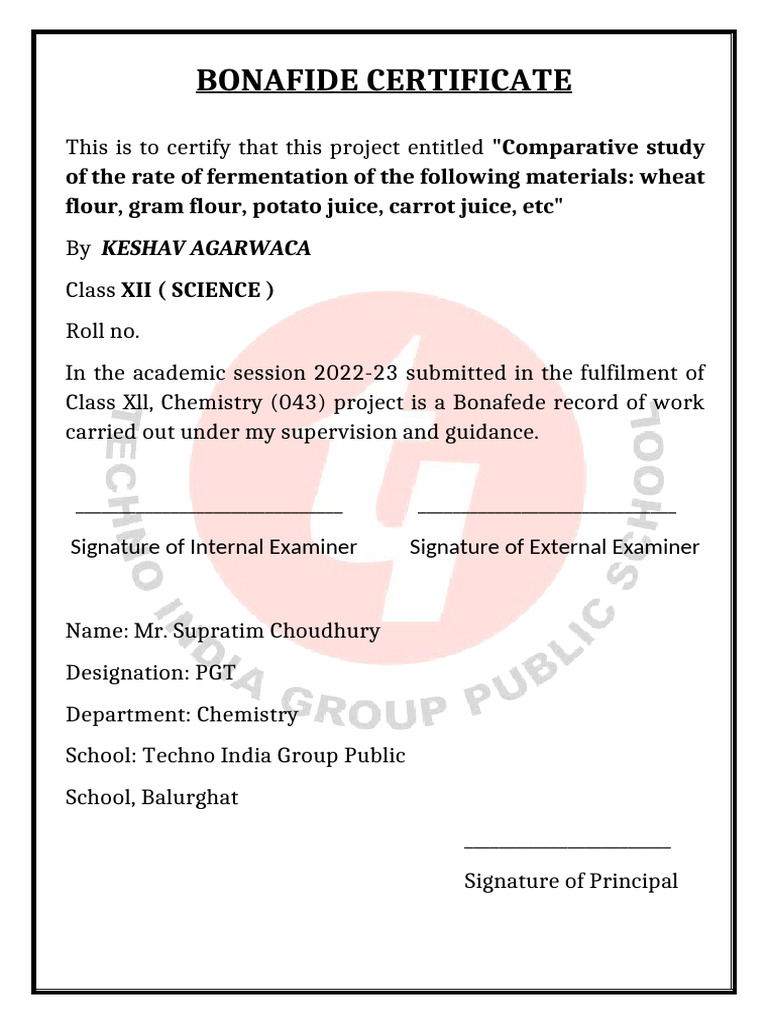 Bonafide Certificate for Class 12 Project | PDF