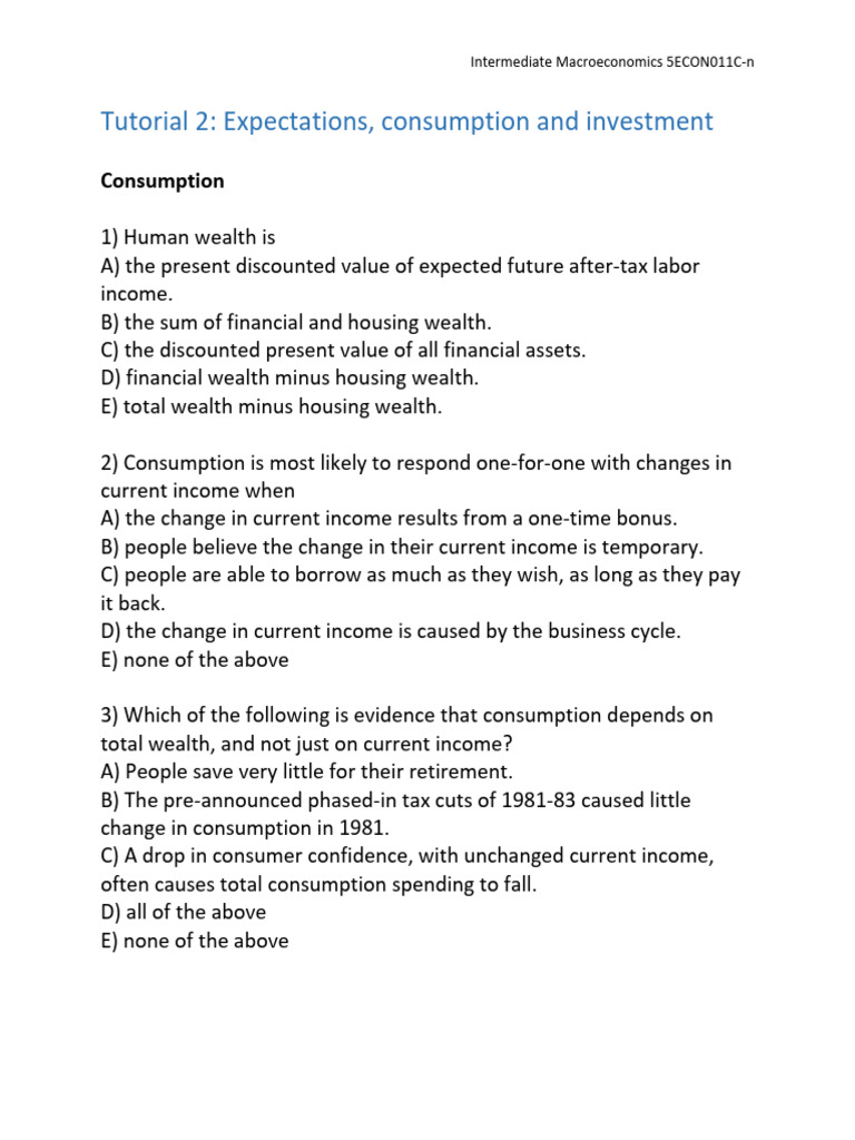 Tutorial 2 - Expectations, Consumption and Investment | PDF ...
