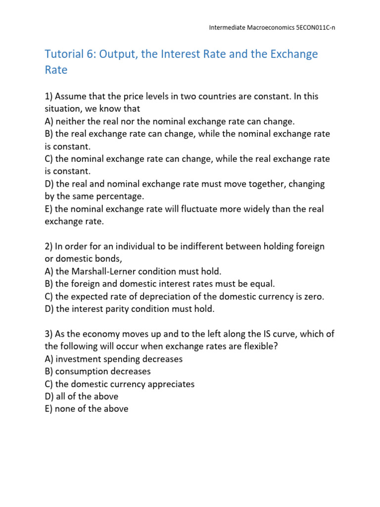 Tutorial 6 - Output, The Interest Rate and the Exchange Rate | PDF ...