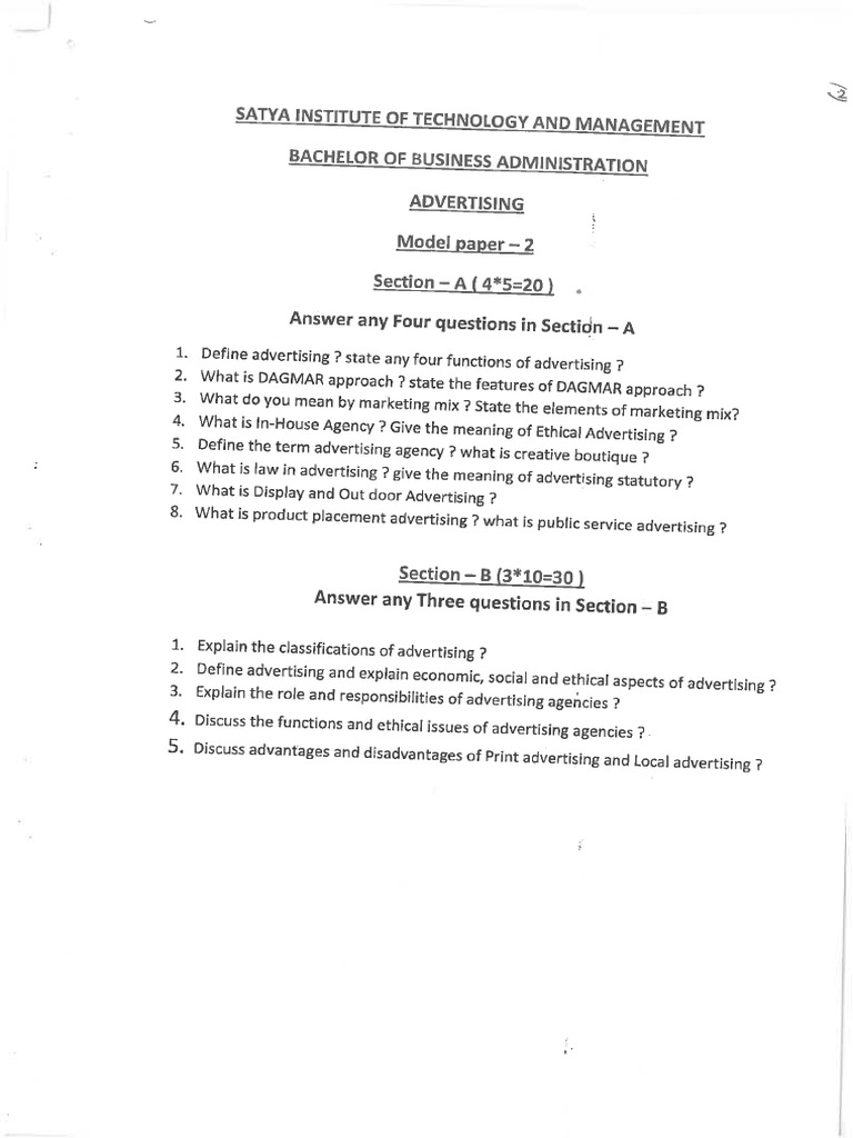 BBA Model paper 1 | PDF