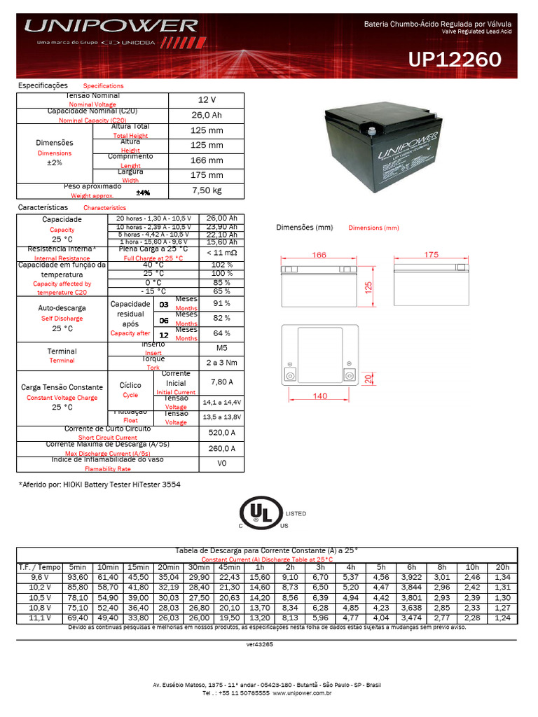 Datasheet Bateria 12V 26ah - Unipower | PDF