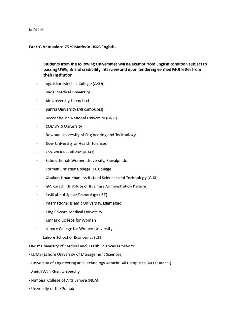 UWE Bristol MOI Accepted Universities List | PDF