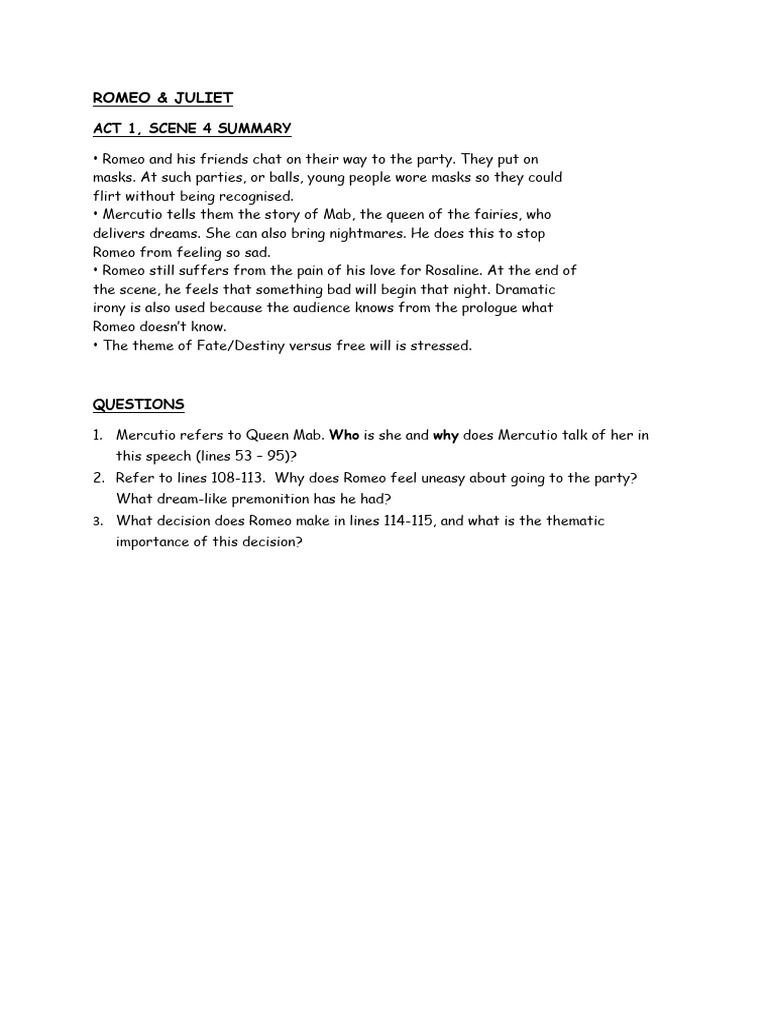 R - J Act 1 Scene 4 Summary and Questions | PDF
